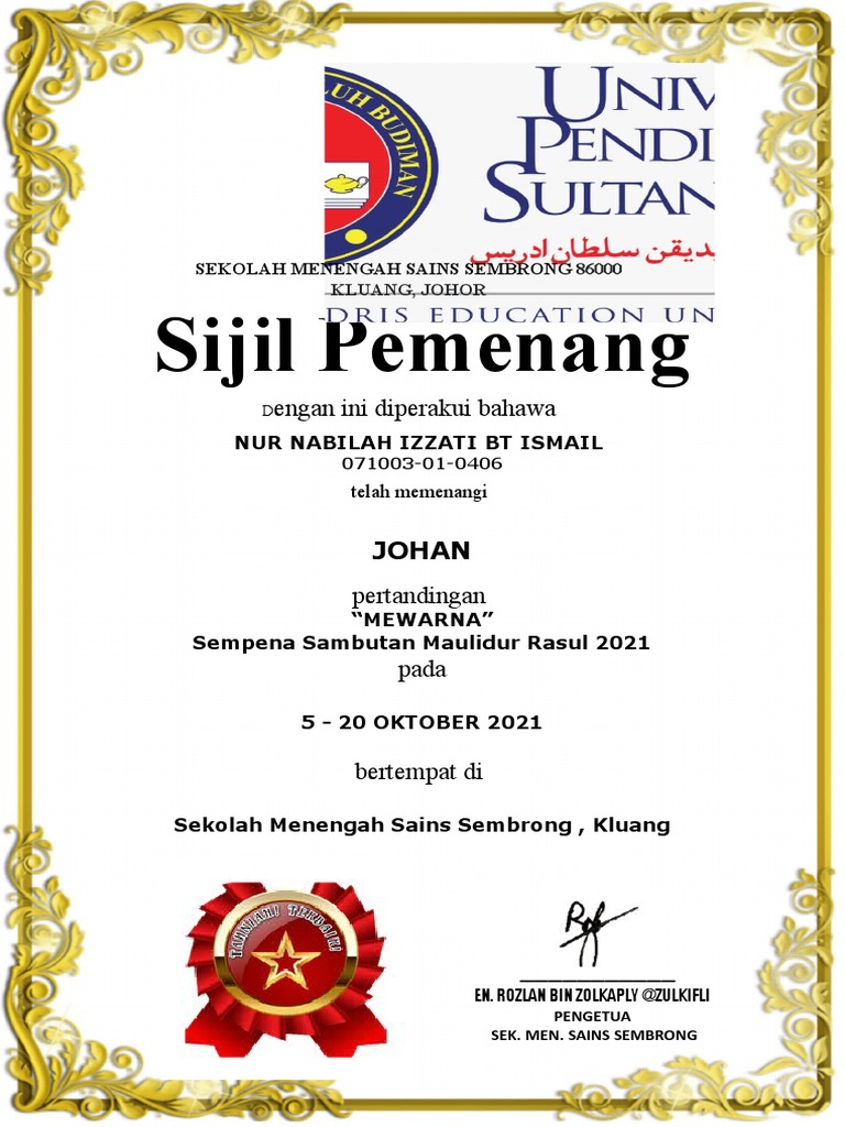 Sijil Pemenang Maulidurrasul 2021 | PDF
