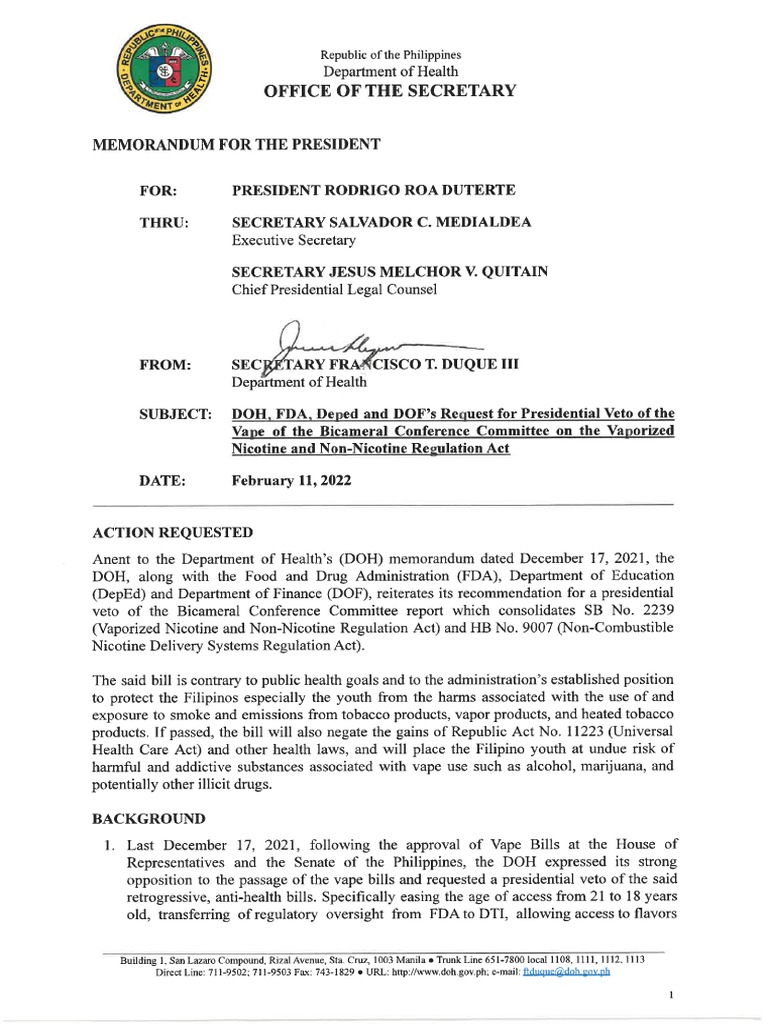 DOH, DepEd, DOF Call To Veto Vape Bill | PDF