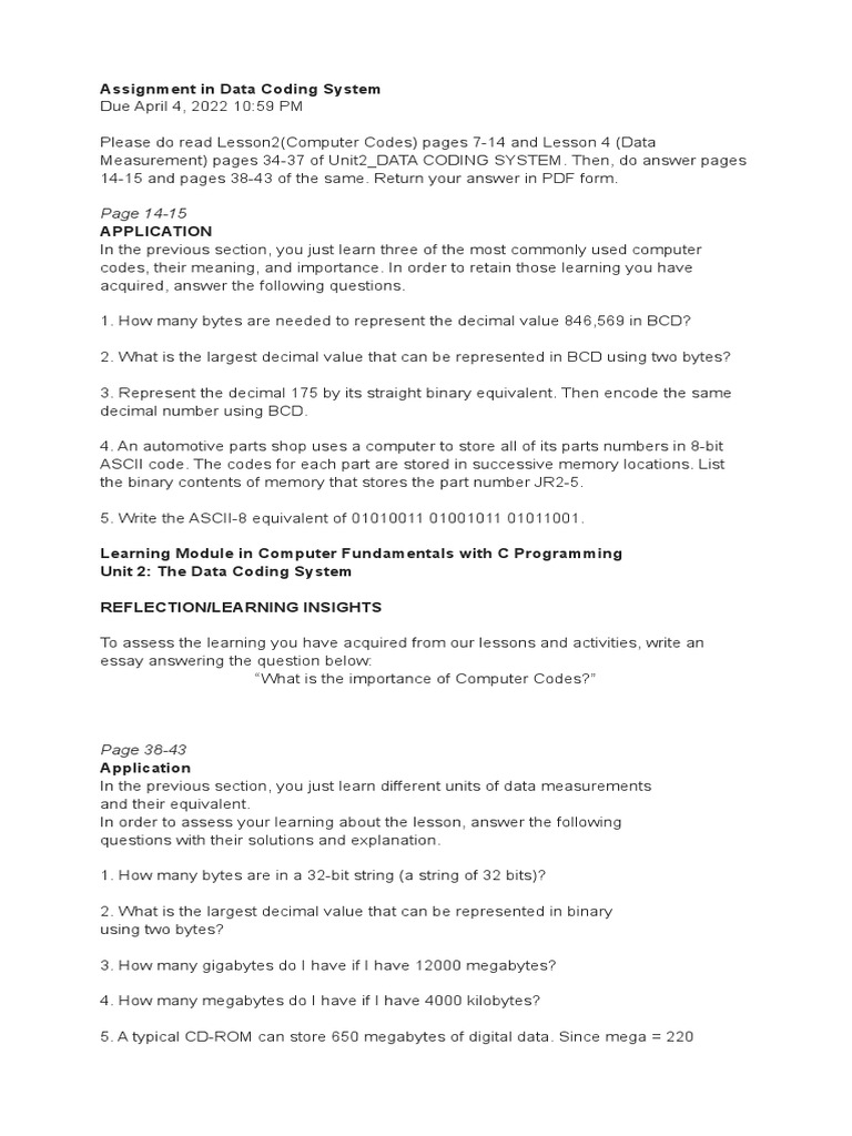 CFP - Assignment in Data Coding System | Download Free PDF | Byte | Binary Coded Decimal