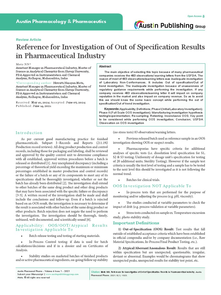Reference For Investigation of Out of Specification Results in ...
