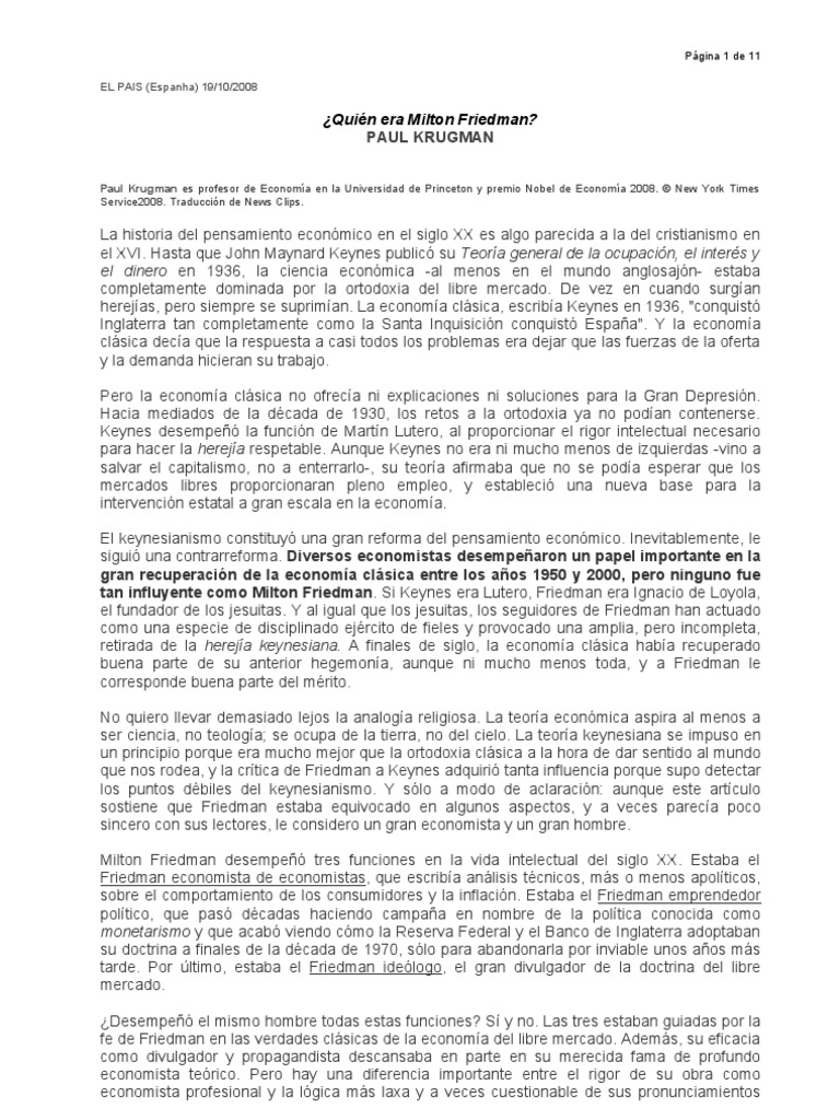 Krugman - Quién Era Milton Friedman | PDF | Milton Friedman | Monetarismo Krugman - Quién Era Milton Friedman | PDF | Milton Friedman | Monetarismo