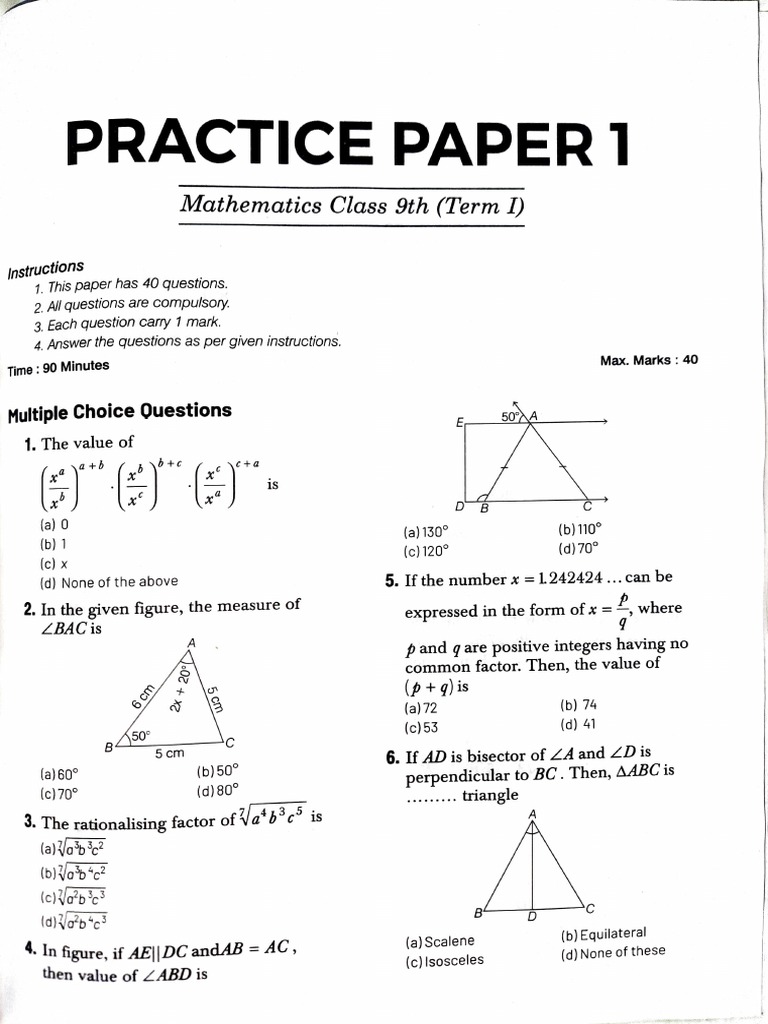 9 Sample Papers Mathematics - 211125 - 192715 | PDF | Triangle | Area