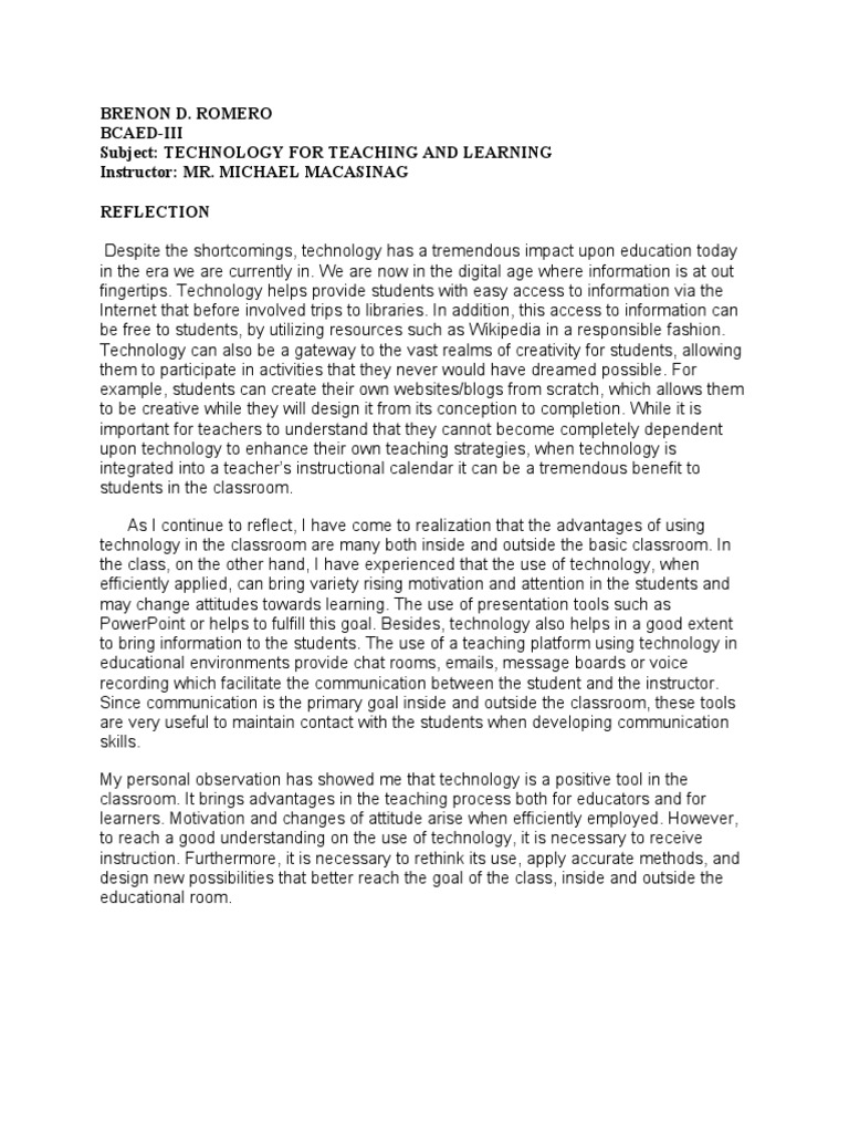 Brenon D. Romero Bcaed-Iii Subject: Technology For Teaching and ...