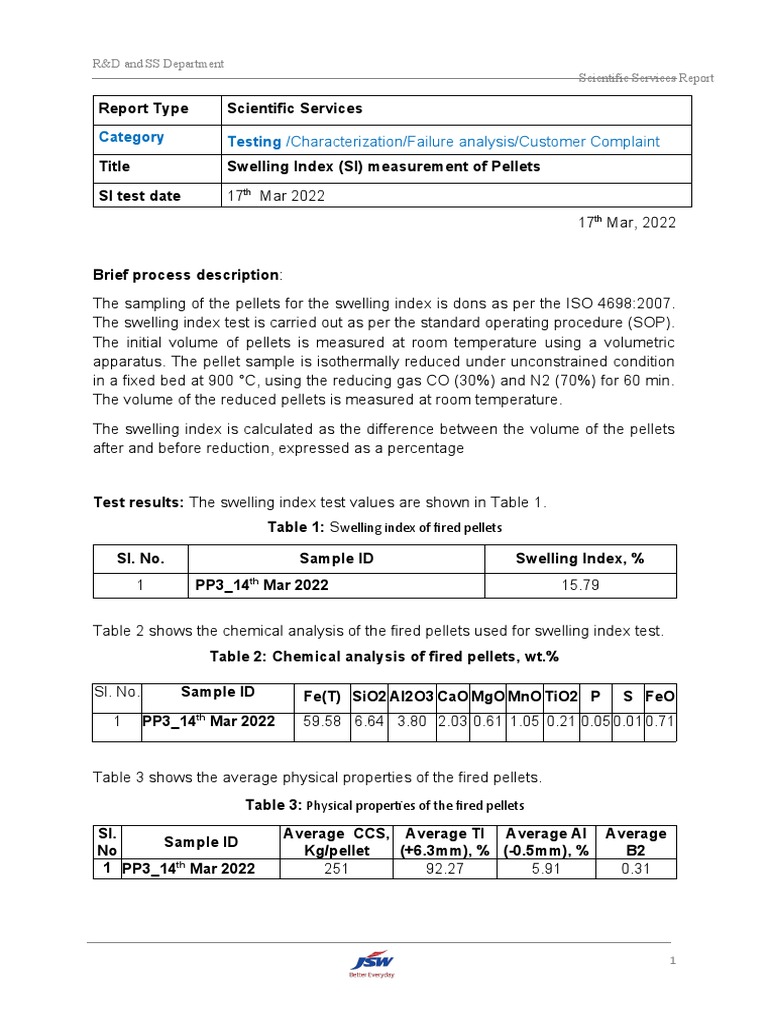 Swelling Index Test Results of Pellets - PP3 - 14th Mar 2022 | PDF ...
