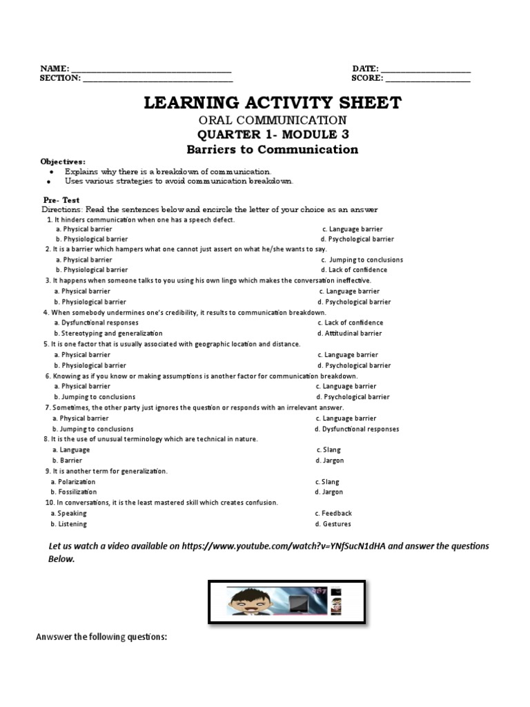 Learning Activity Sheet: Quarter 1-Module 3 Barriers To Communication ...
