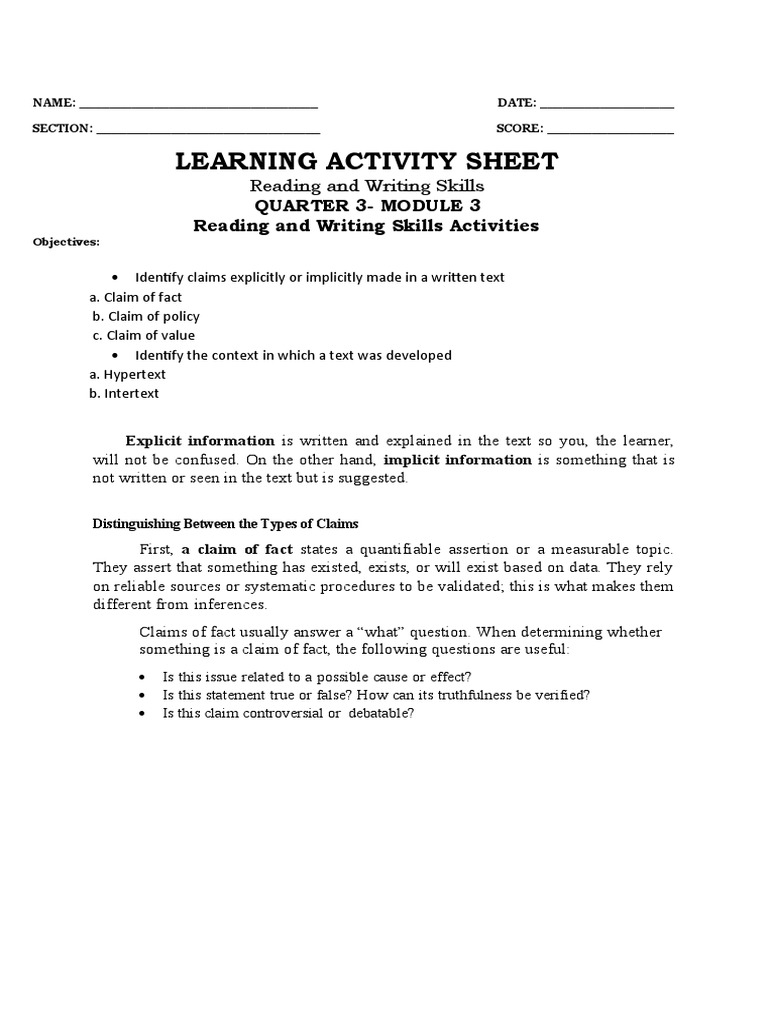 Grade 11 Reading Activity Sheet | PDF | Intertextuality | Learning