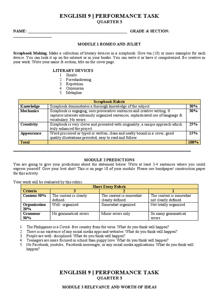 Performance Task Quarter 3 | PDF | Rubric (Academic) | Human Communication