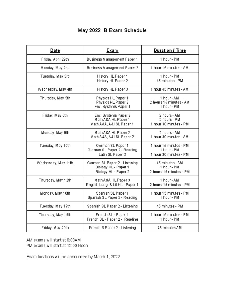 May 2022 Ib Exam Calendar | PDF