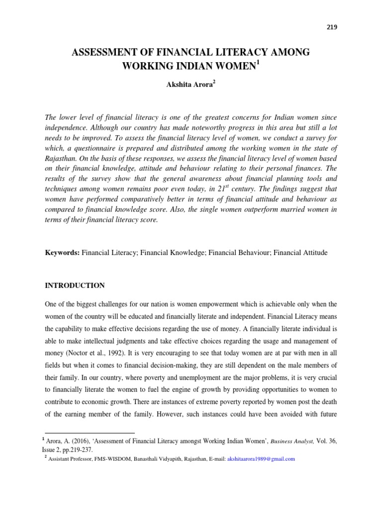 Financial Literacy Assessment in Women | PDF | Financial Literacy ...