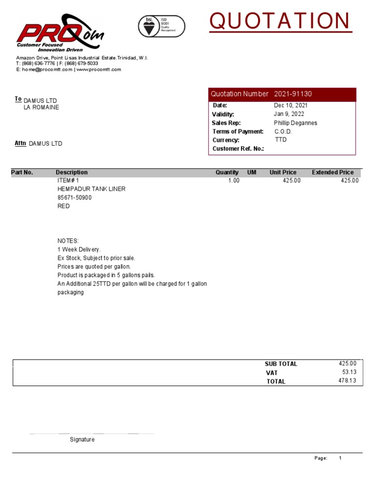 Quotation Number 2021-91130: Date: Sales Rep: To Validity: Terms of ...