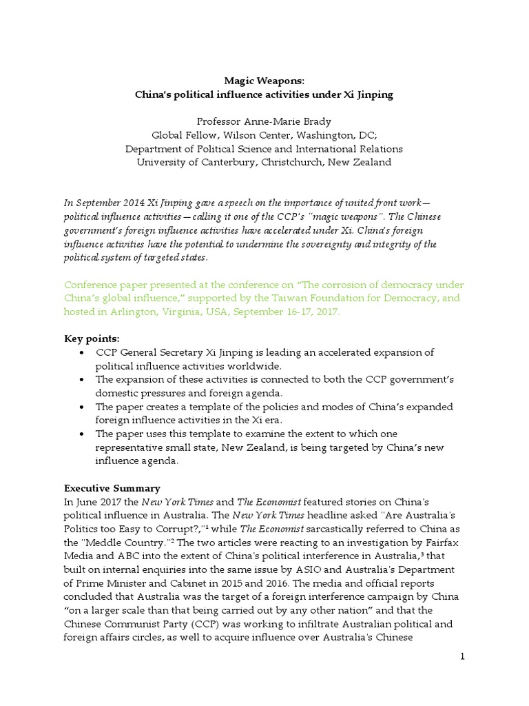 China's Political Influence Activites Under Xi Jinping | PDF | Taiwan ...