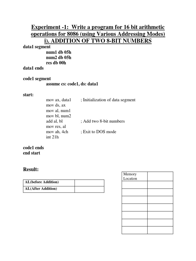 Experiment - 1: Write A Program For 16 Bit Arithmetic Operations For ...