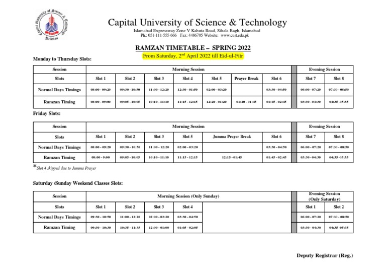 CUST Ramzan Timetable Spring 2022 | PDF