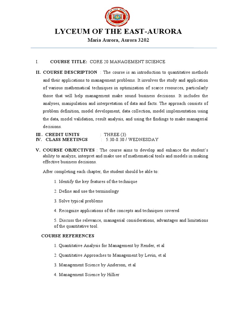 Management Science Course Guide | PDF | Linear Programming | Forecasting