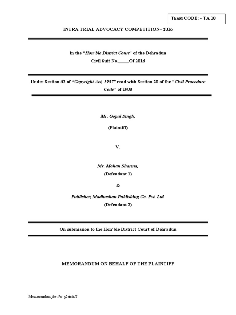 TA 10 Plaint | PDF | Injunction | Secondary Liability