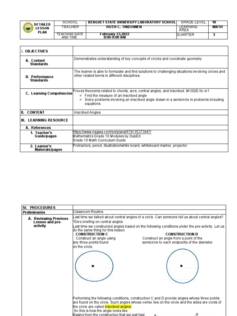 Inscribed Angles Lesson Plan | PDF | Circle | Angle