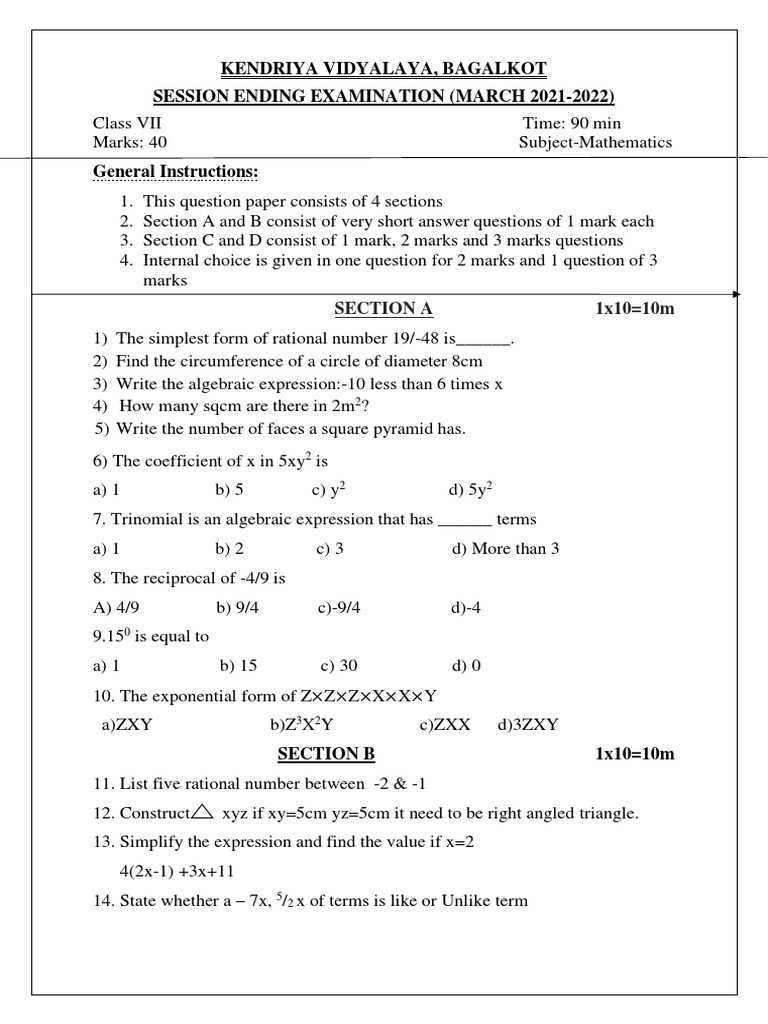 Kendriya Vidyalaya, Bagalkot Session Ending Examination (March 2021 ...