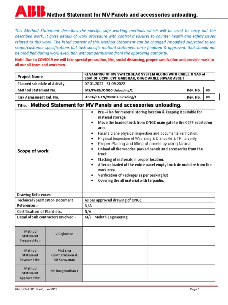 Method Statement For MV Panels and Accessories Unloading.: Project Name ...