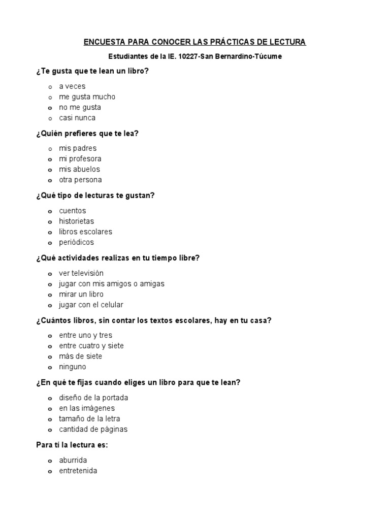ENCUESTA PARA CONOCER LAS PRÁCTICAS DE LECTURA-inicial-1 Y2 | PDF