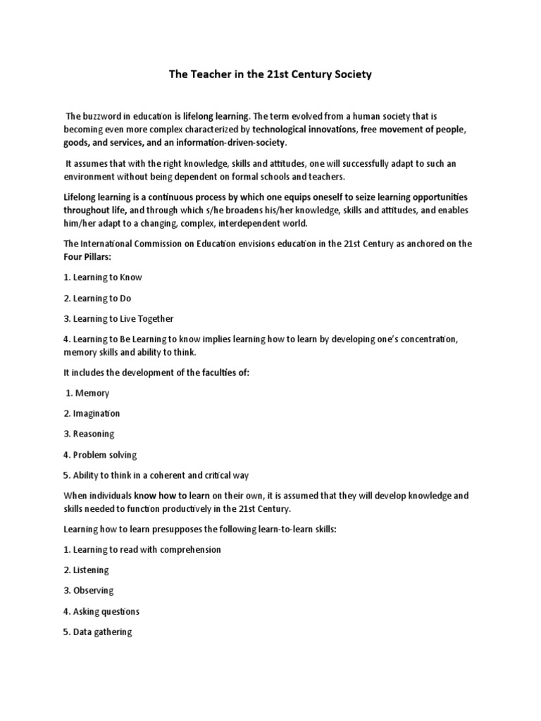 The Teacher in The 21st Century Society | PDF | Learning | Humanism