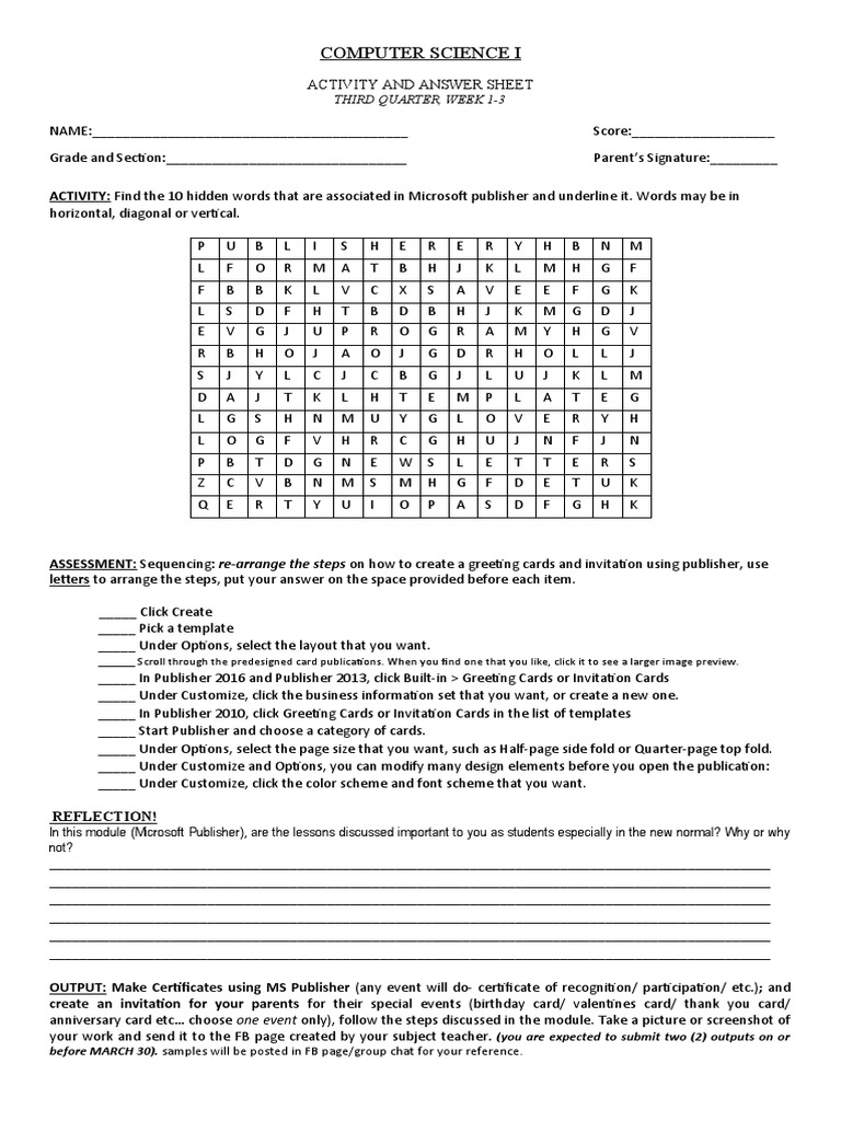 CS1 Activity and Answer Sheet in Publisher | PDF | Software | Computing