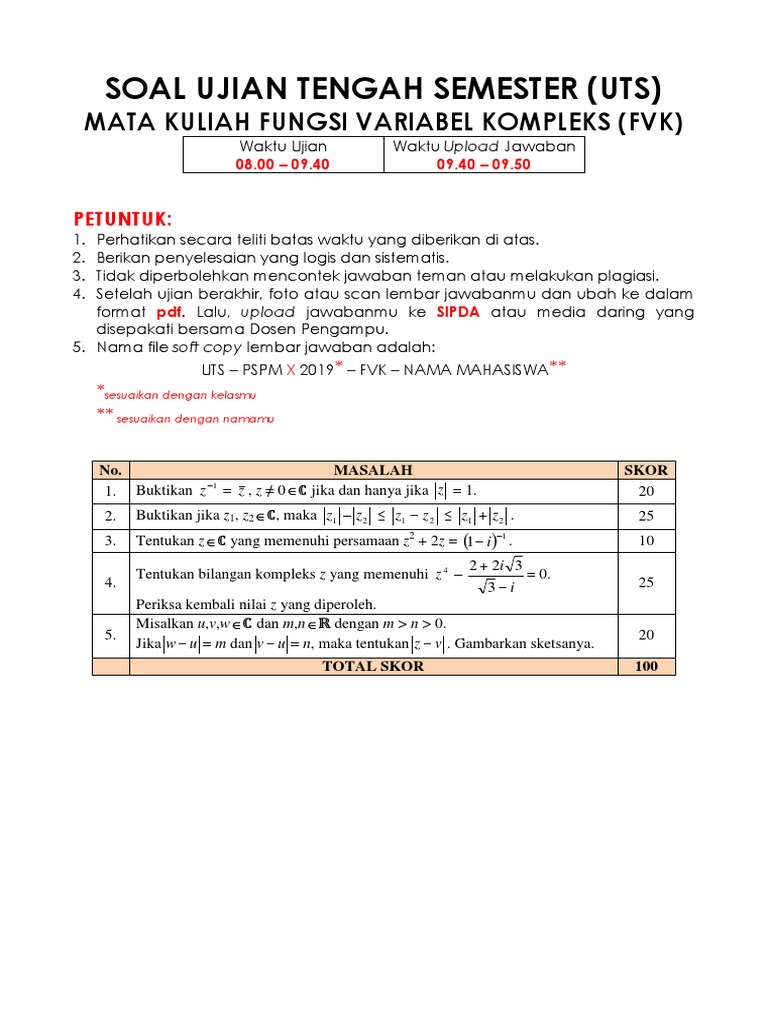 Soal UTS Fungsi Variabel Kompleks 2022-1 | PDF