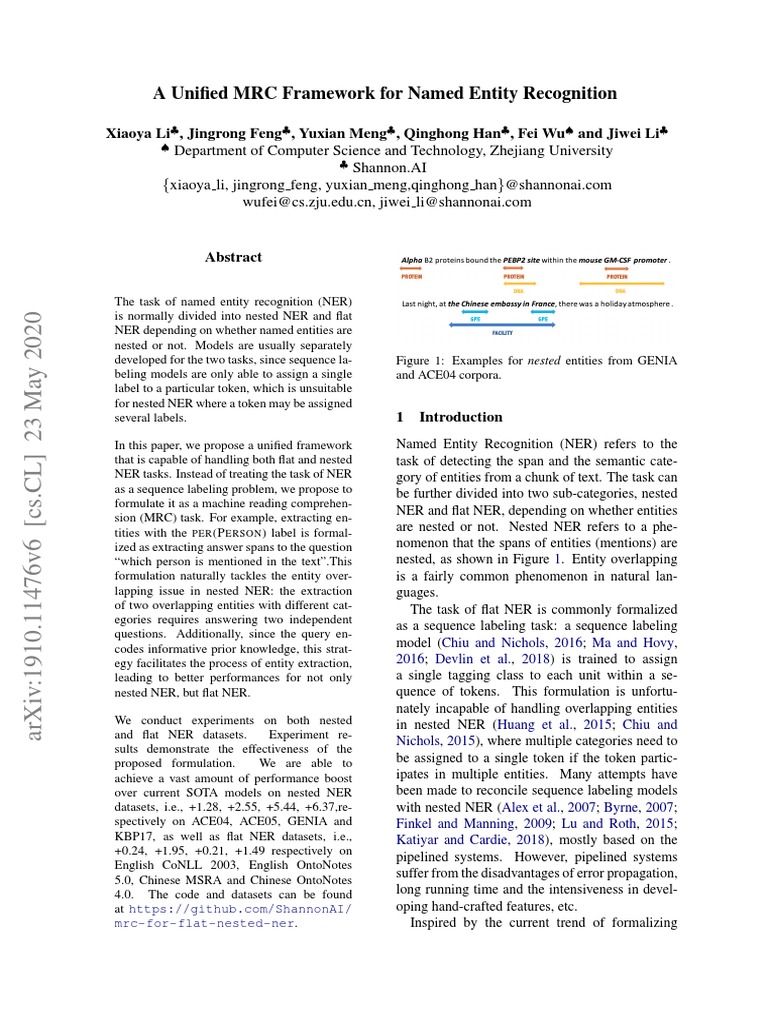 A Unified MRC Framework For Named Entity Recognition | PDF | Artificial Intelligence | Computing