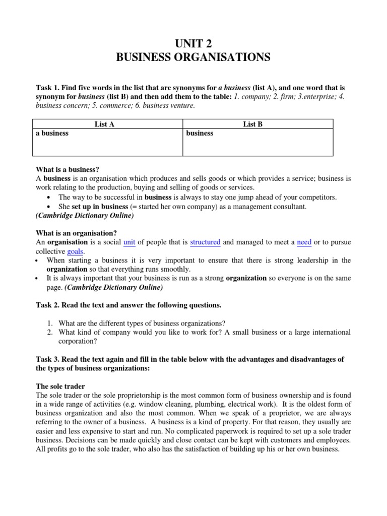 Unit 2 Business Organisations: Business Concern 5. Commerce 6. Business ...