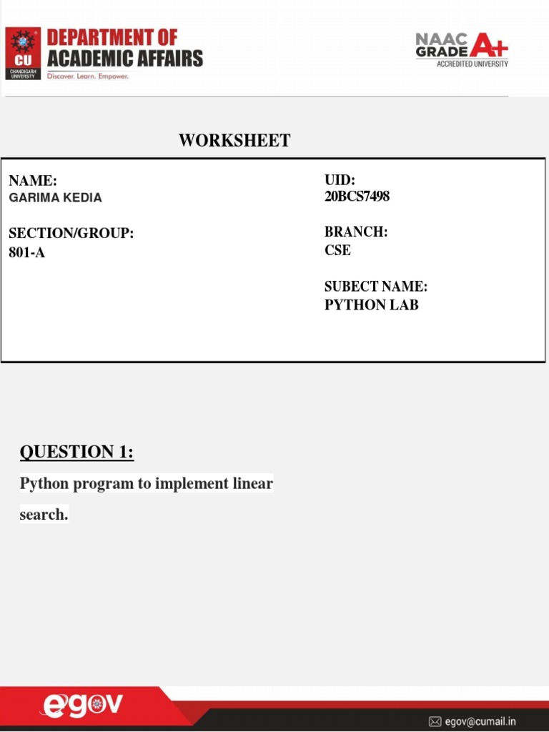 Worksheet Name Uid 20bcs7498 Branch Cse Subect Name Python Lab Pdf Array Data Structure