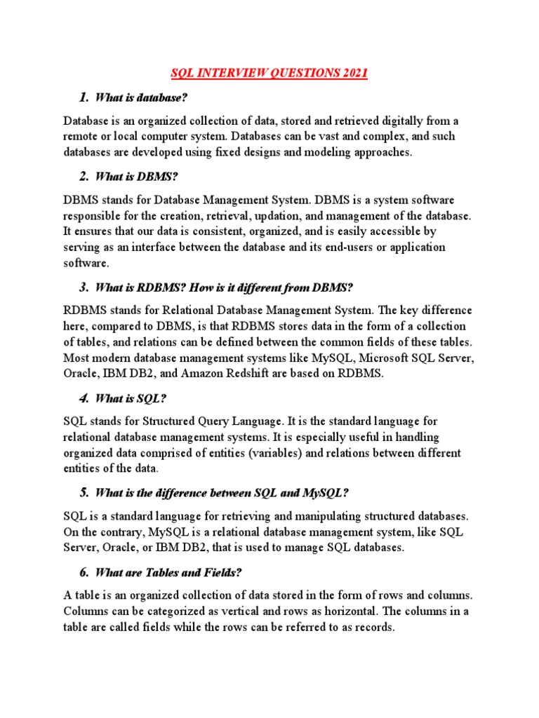Sql Interview Questions Pdf Databases Relational Database