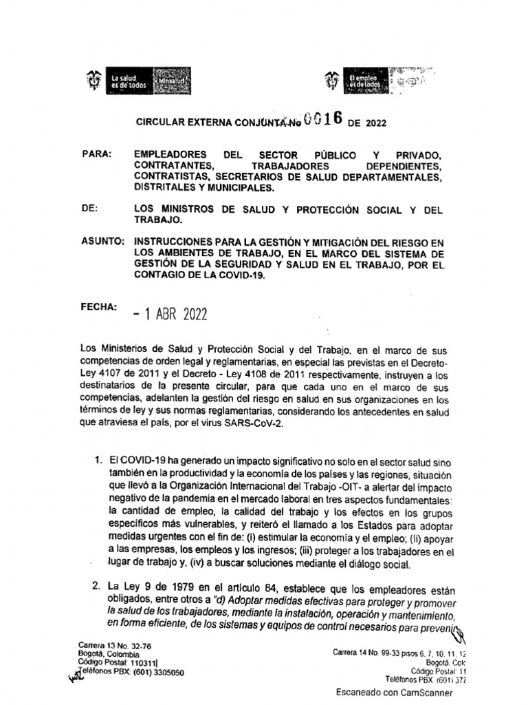 Circular Externa y Conjunta No.16 de 2022 - Gestión y Mitigación Del Riesgo en El Trabajo Por ...
