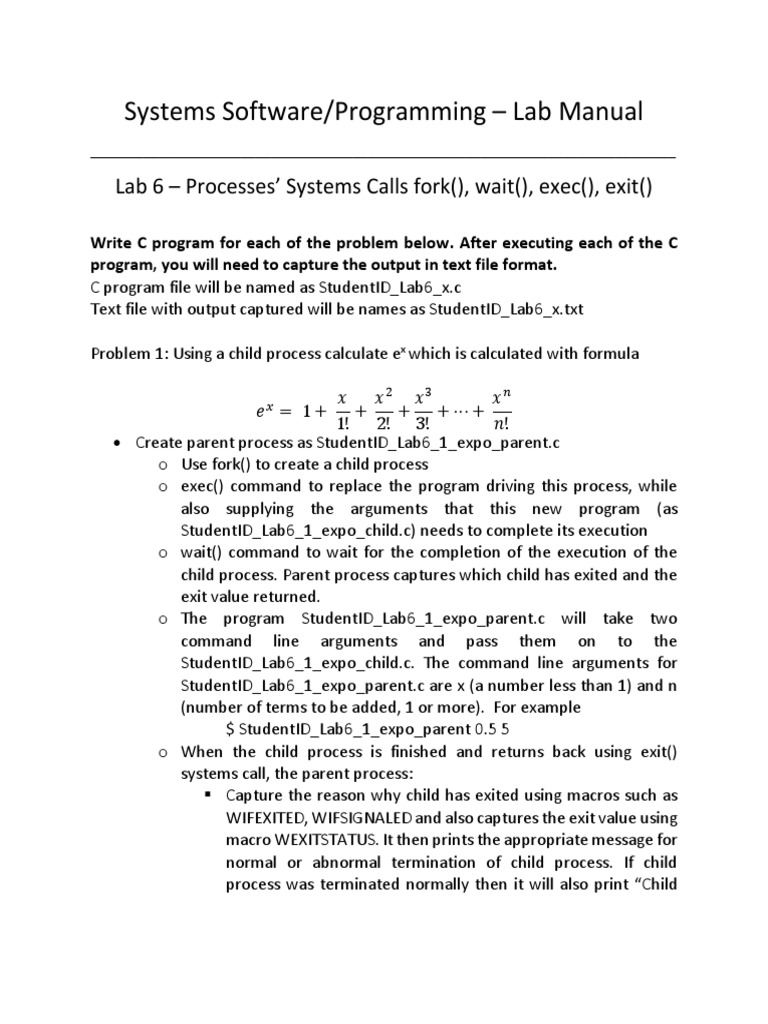 Systems Software/Programming - Lab Manual: Lab 6 - Processes' Systems ...