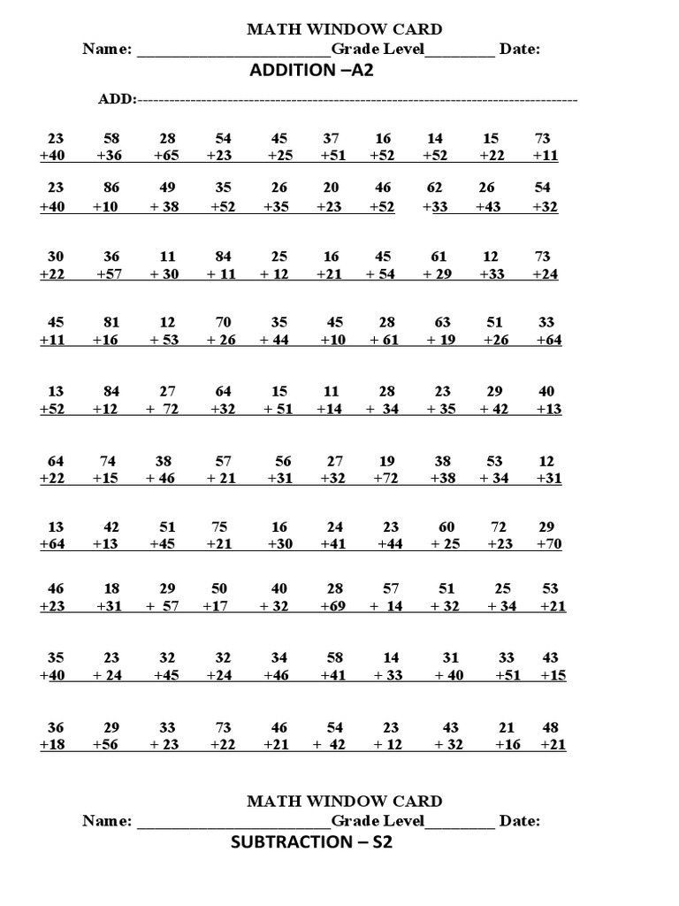 Addition - A2: Math Window Card Name: - Grade Level - Date | PDF