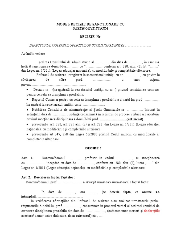 Modele Decizii Sanctionare Disciplinara | PDF