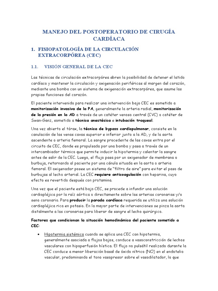 Manejo Del Postoperatorio de Cirugía Cardíaca | PDF | Angiología ...