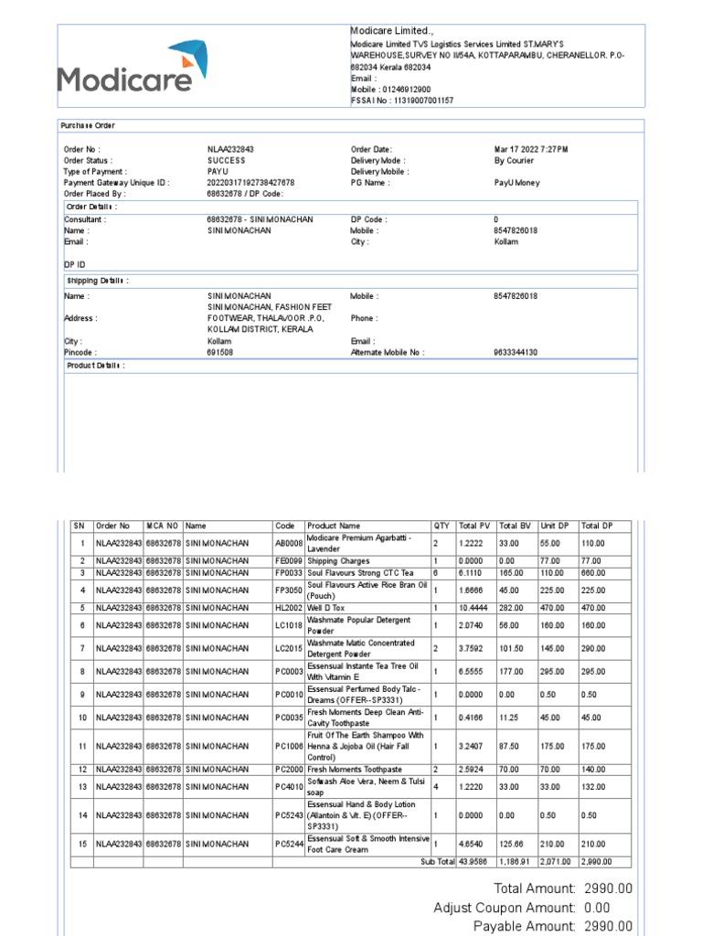 Modicare - Order Preview-Sini 17032022 | PDF