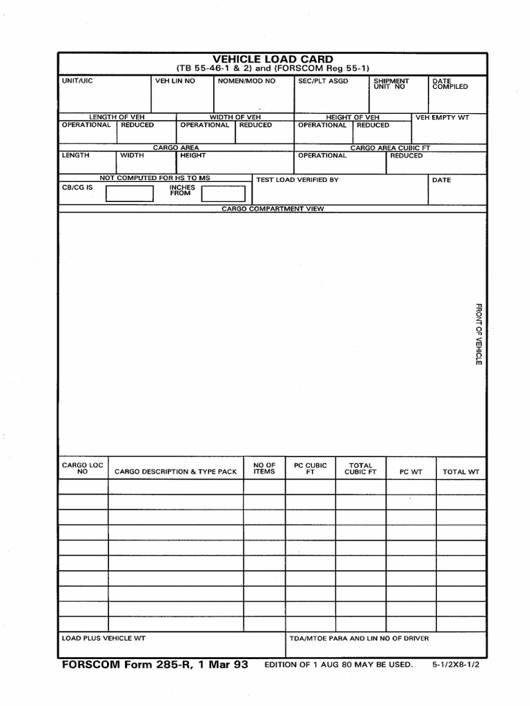 FORSCOM Form 285R Vehicle Load Card | PDF