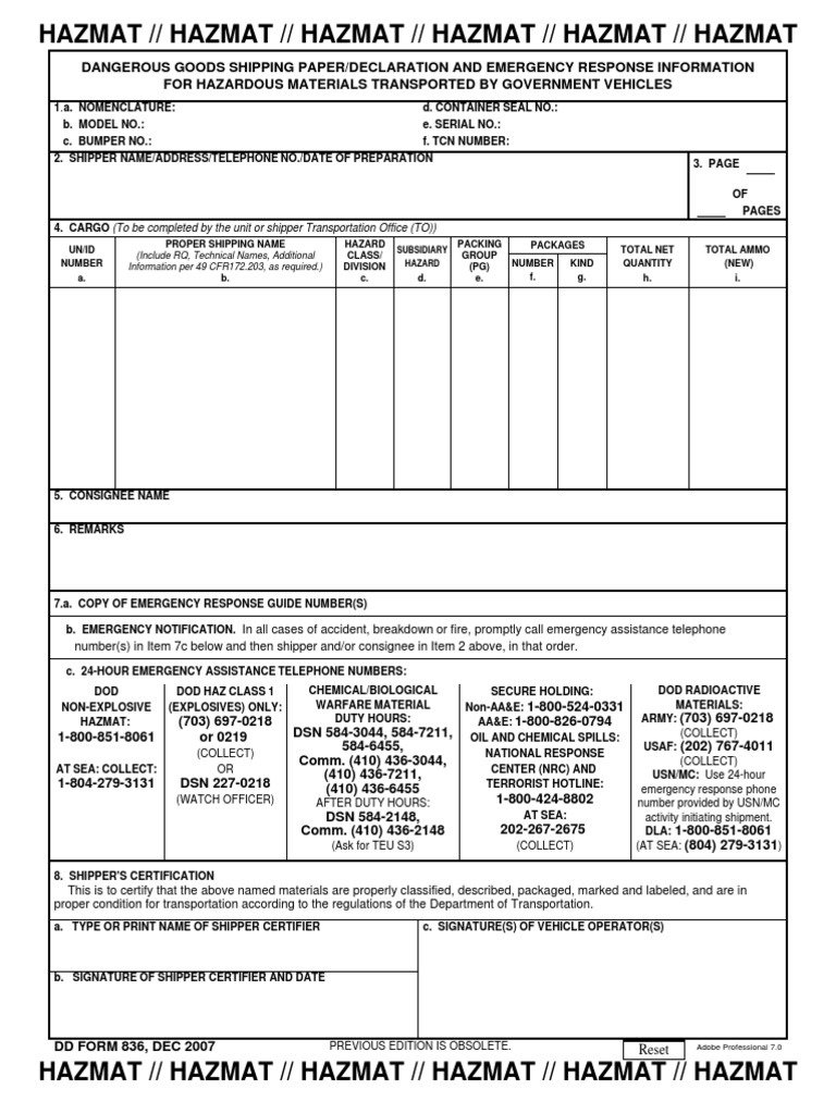 DD 836 DG Shipping Paper Hazmat Materials | PDF | Dangerous Goods ...