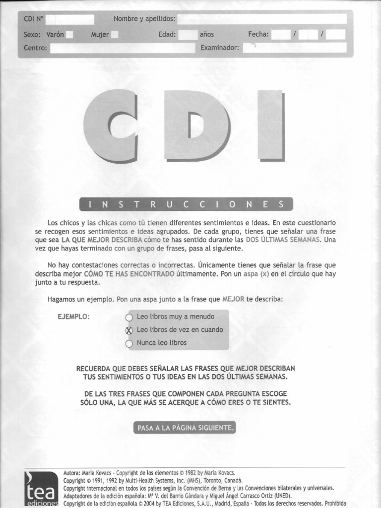 Protocolo Del Cdi Inventario De Depresión Infantil Pdf