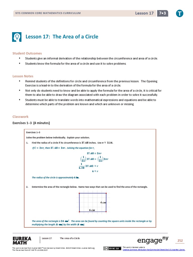 Math g7 m3 Topic C Lesson 17 Teacher | PDF | Area | Circle