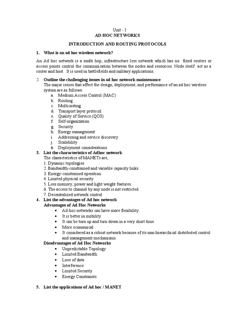 Adhoc Wireless Sensor Network Unit 1 PART A and PART B Questions and Answers | PDF | Wireless Ad ...