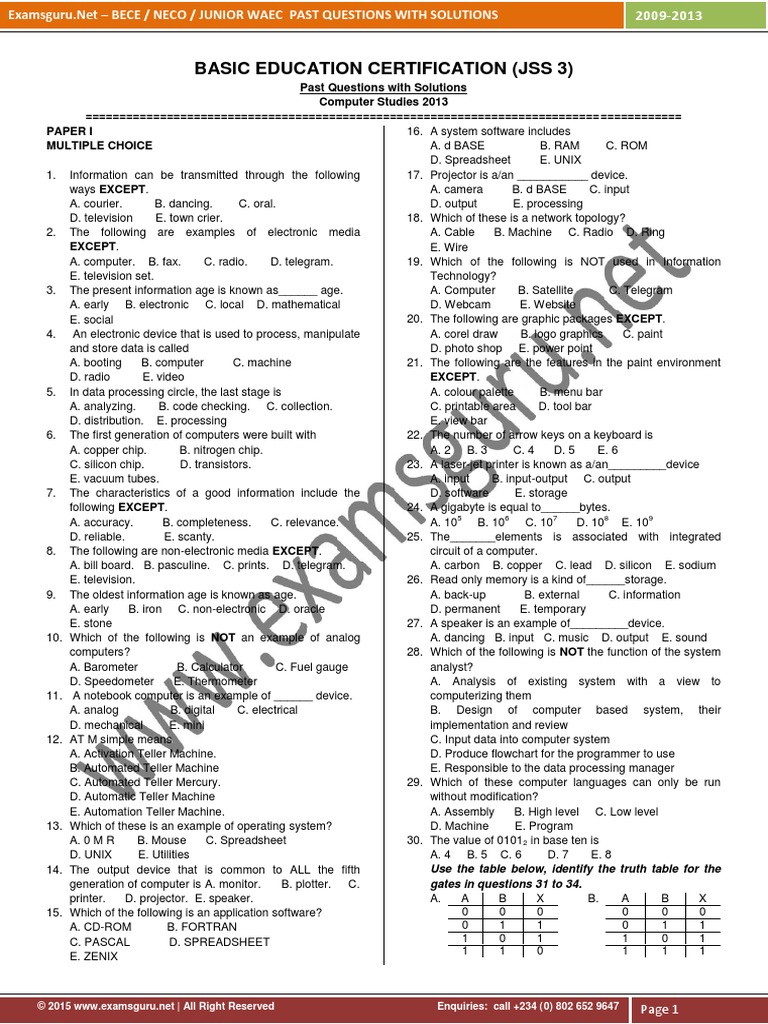 Junior WAEC Past Question - Computer | PDF | Computer Data Storage ...