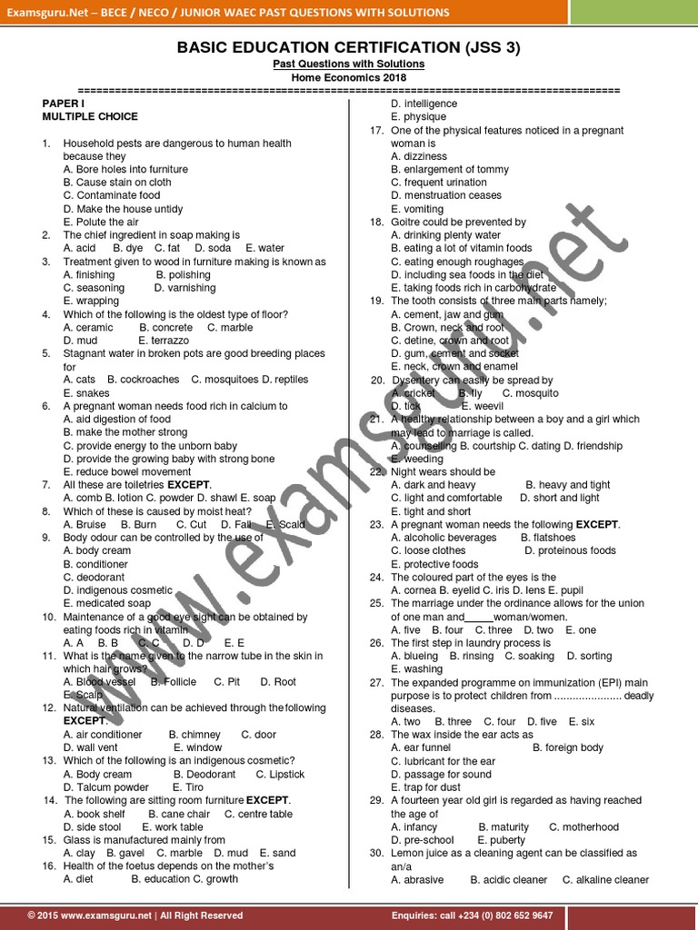 Bece Junior WAEC Past Question - Home Economics (Updated) | PDF | Seam ...