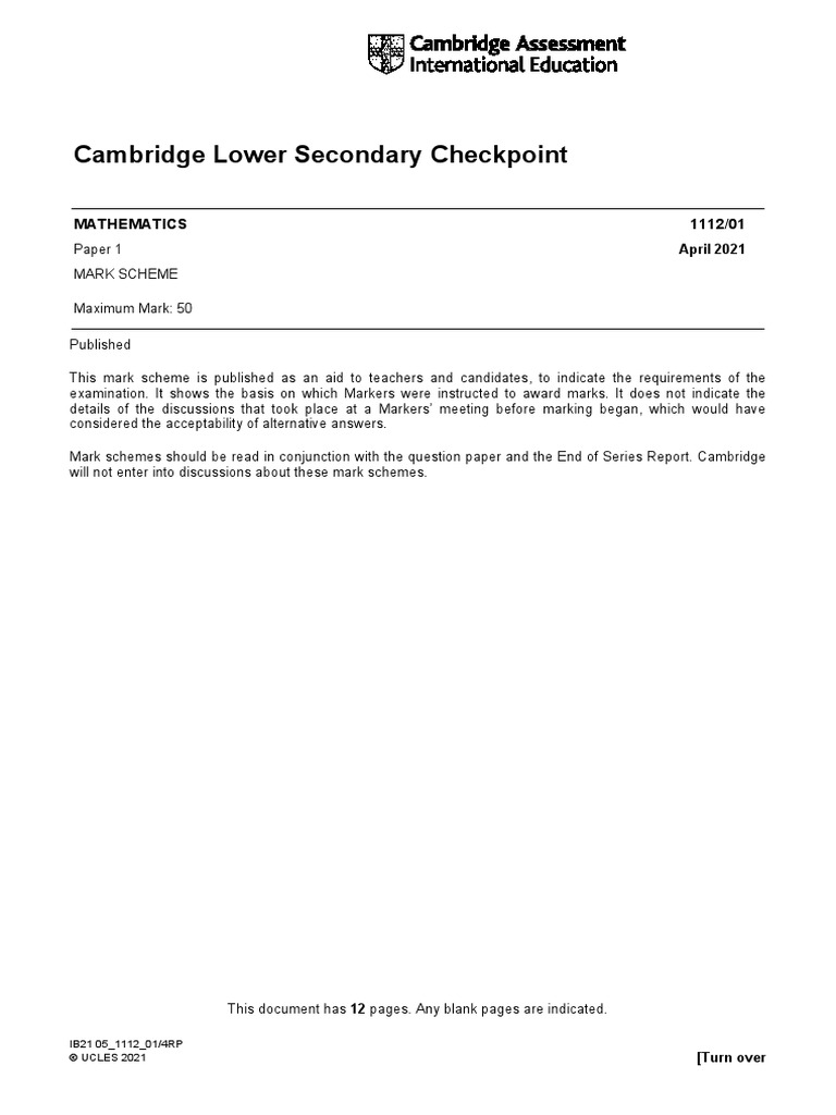 Cambridge Lower Secondary Checkpoint: Mathematics 1112/01 | PDF ...