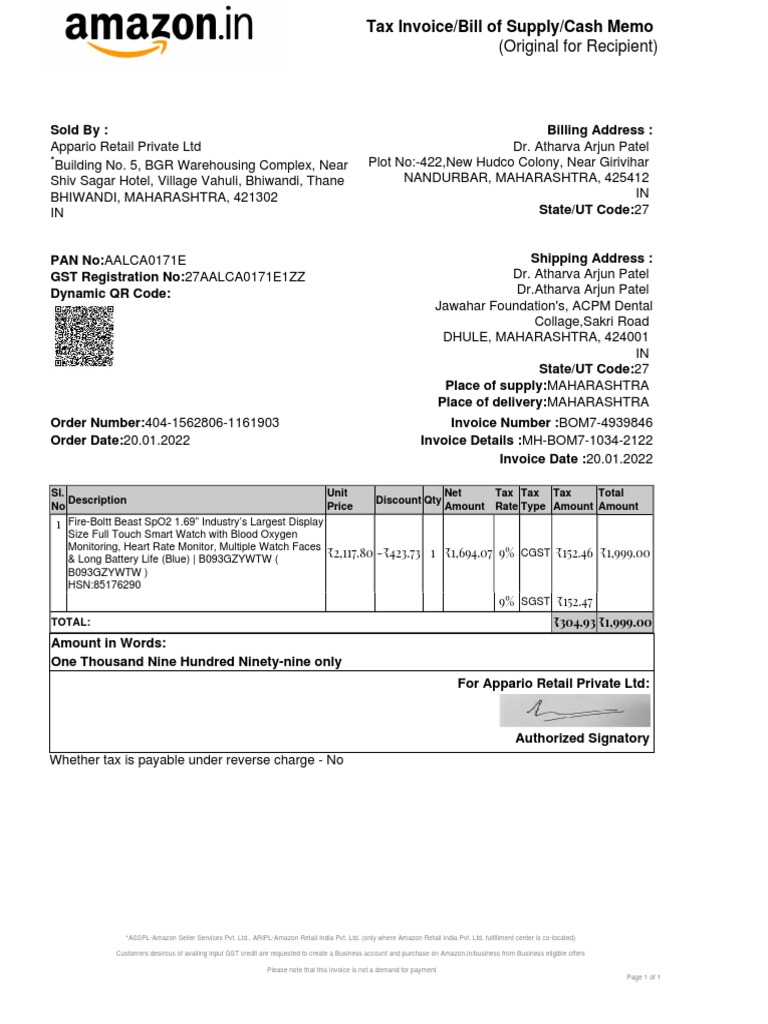 (Original For Recipient) : Sl. No Description Unit Price Discount Qty ...