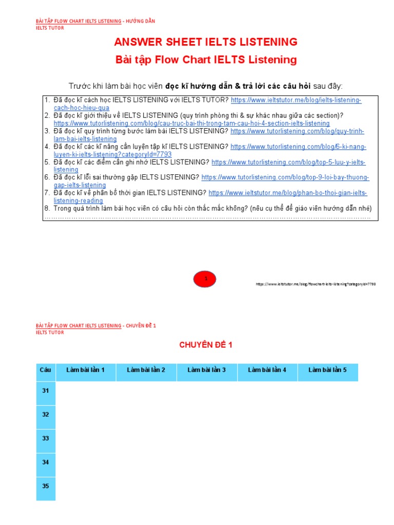 ANSWER SHEET IELTS LISTENING - BÀI TẬP FLOW CHART IELTS LISTENING | PDF