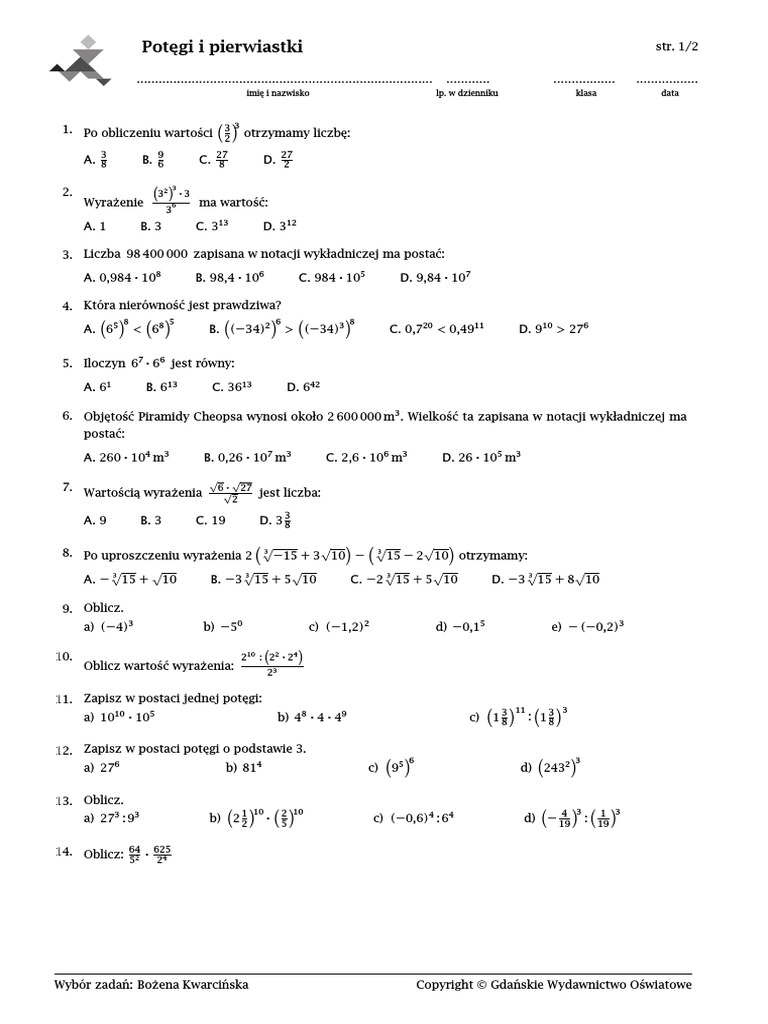 Potęgi I Pierwiastki-Powtórzenie - kl7 - 15.05 | PDF