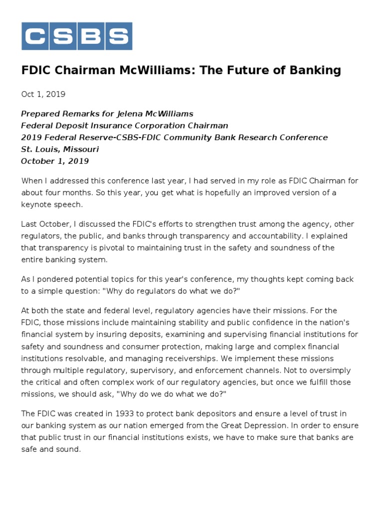FDIC Chairman McWilliams The Future of Banking | PDF | Banks | Finance ...
