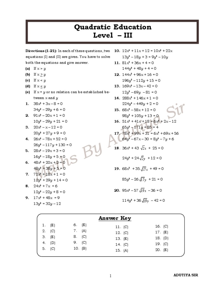Quadratic Equation Practice Set | PDF | Mathematics | Equations