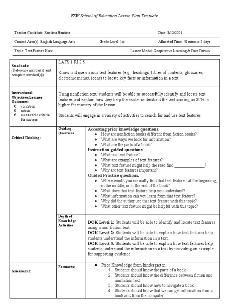 FSW School of Education Lesson Plan Template: Standards | PDF ...